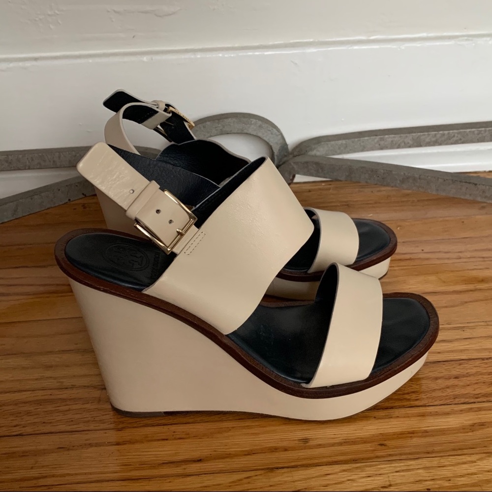 Tory Burch Wedge Platform Sandal Ivory Size 8 Euc - Gem